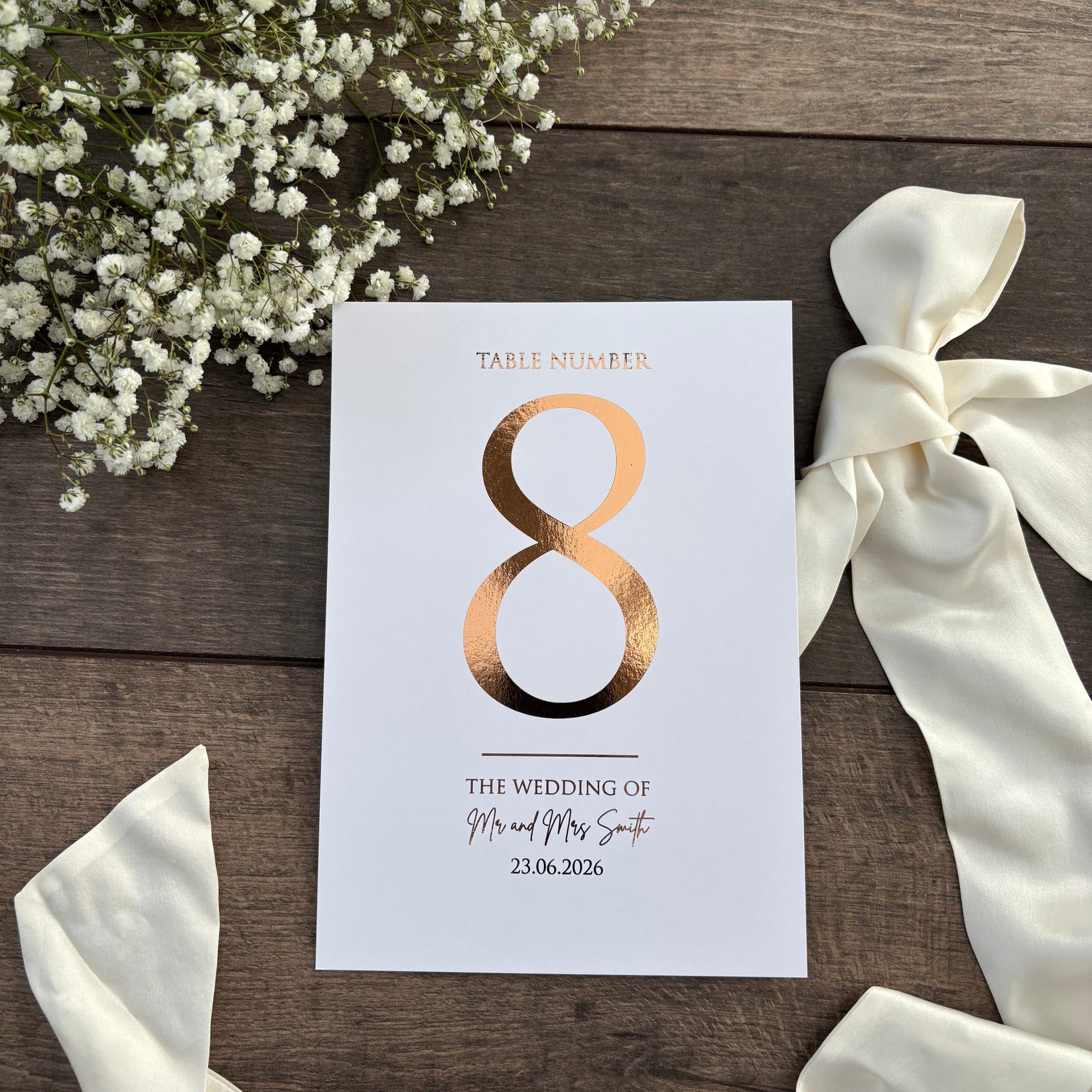 Foiled Wedding Table Numbers - Personalised with Couple's Names and Da ...
